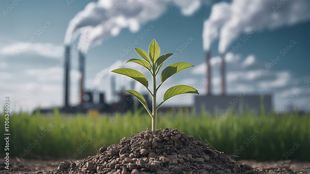 Young green sprout emerges from soil against backdrop of industrial ...