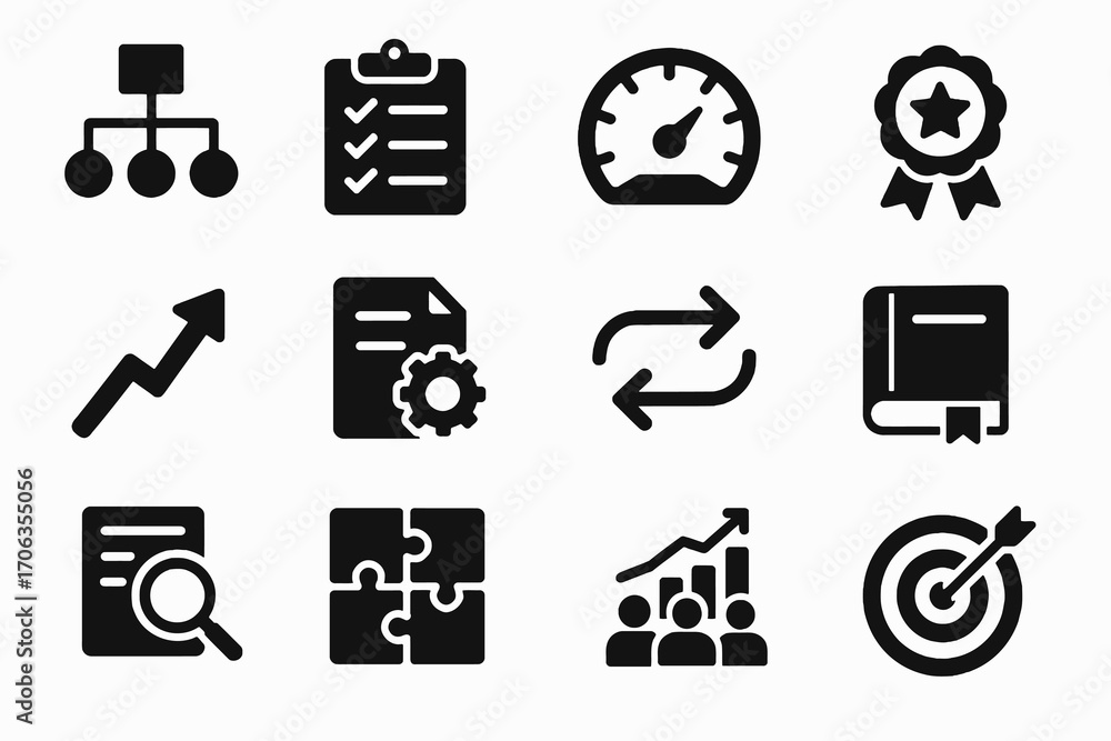 Best practices icon set. Solid vector icons of workflow, guidelines ...