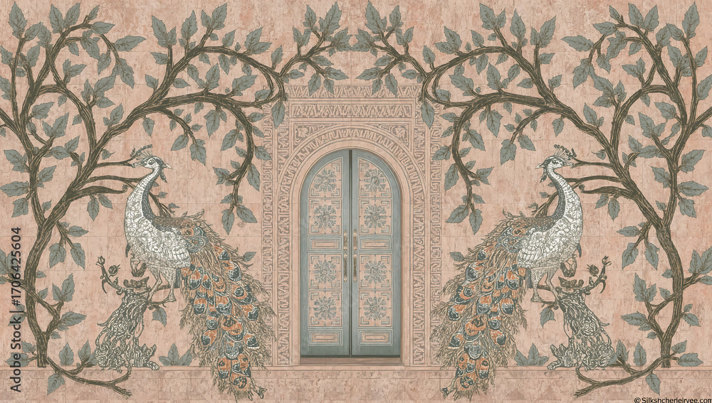 Native American art with mosaic tiles, vine motifs, and peacock-adorned ...