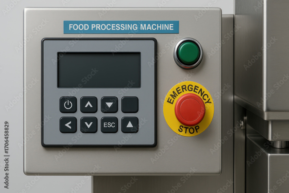 Food processing machine control panel with emergency stop button and ...
