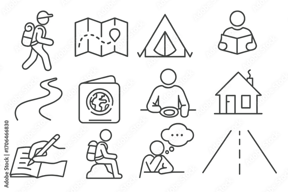 Solo Travel Icons. Line style icons of solo travel: backpacker, map ...