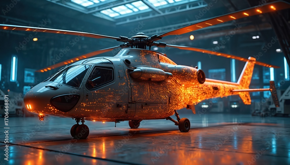 Futuristic helicopter in hangar with glowing circuit patterns. Advanced ...
