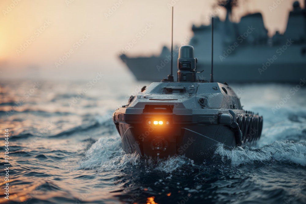 Advanced unmanned surface vessel (USV) at sea with a warship at sunset ...