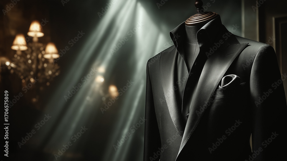 Elegant black fabric suit on mannequin, dramatic spotlight, luxury ...