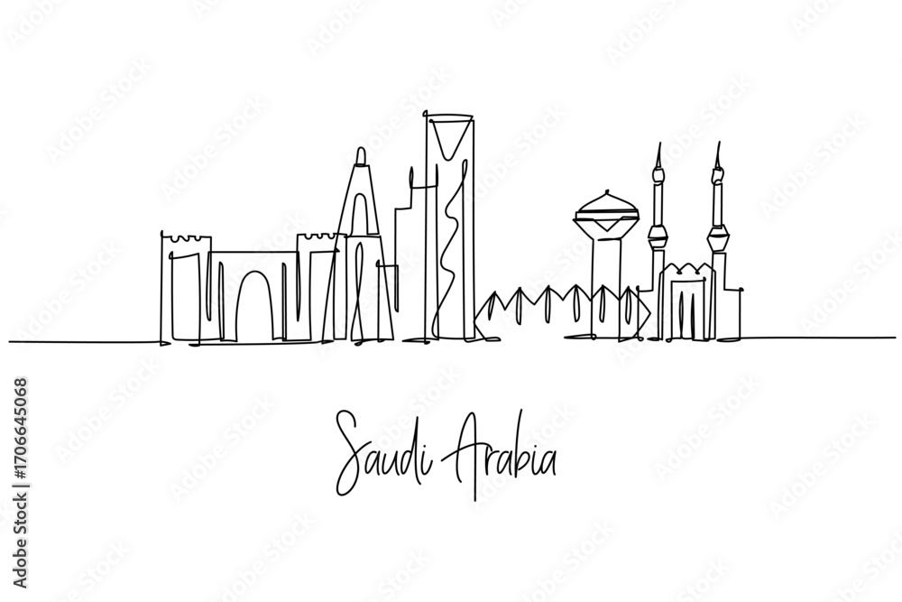 one line drawing city skyline of Saudi Arabia theme, capturing iconic ...