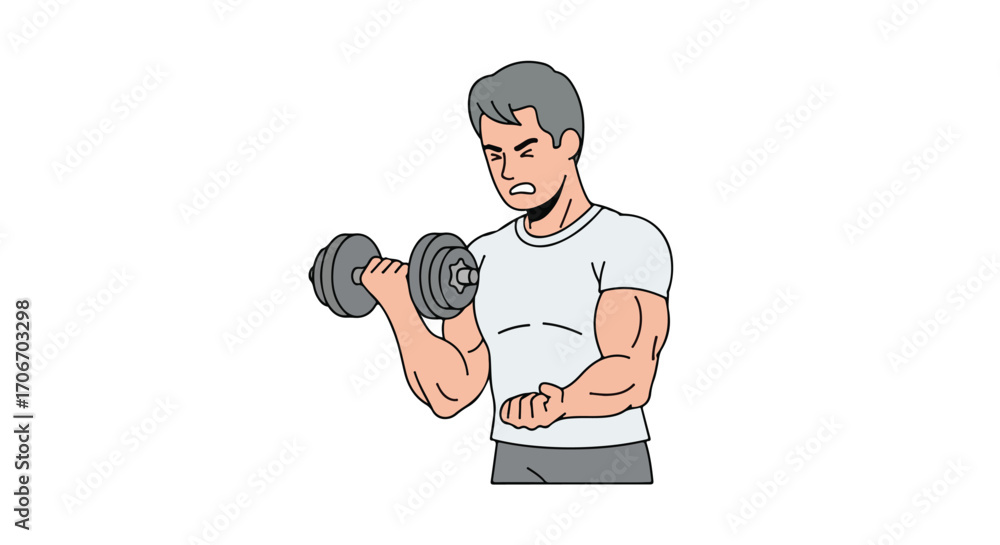 Cartoon Man with Dumbbell Executing Bicep Curls to Enhance Muscle ...
