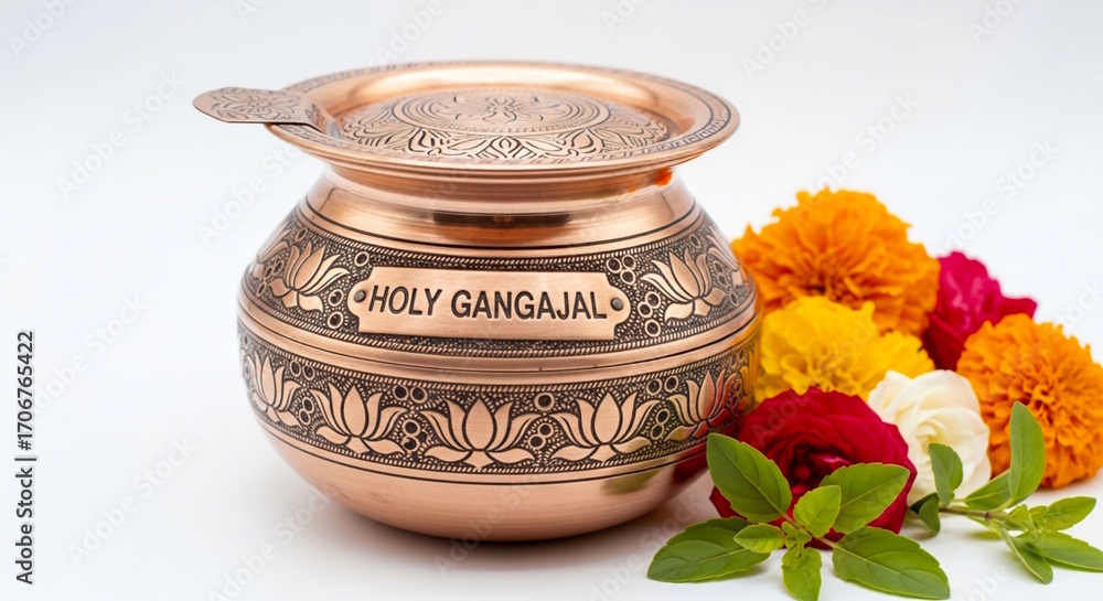 holy water of ganga river known in India as 'Ganga Jal' in copper pot ...