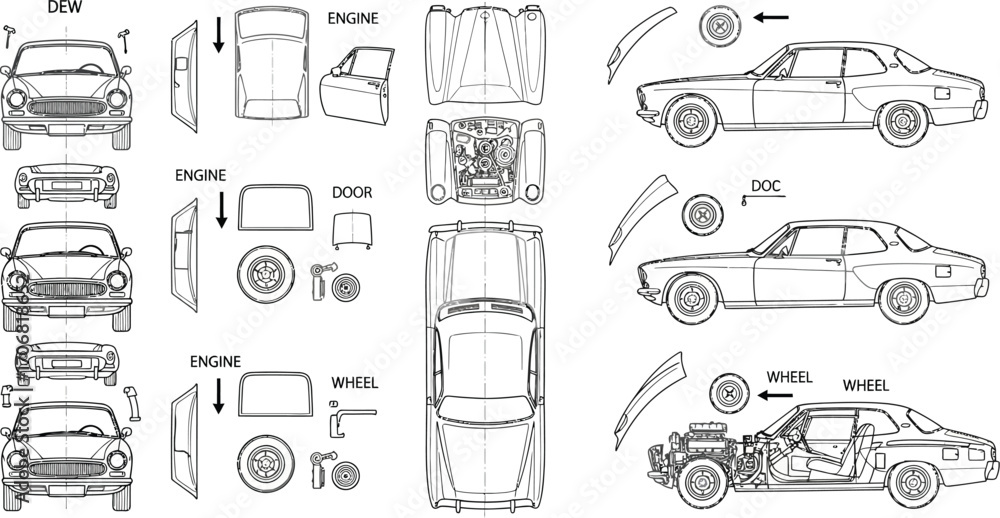 Exploded view diagram of a vintage car showcasing various components ...
