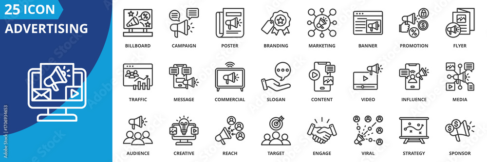Advertising icon set collection in outline style. Icon pack contains ...