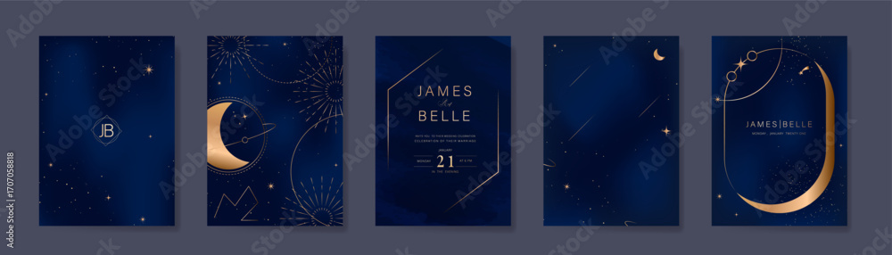 Wedding invitation card design vector set. Navy blue wedding card with ...