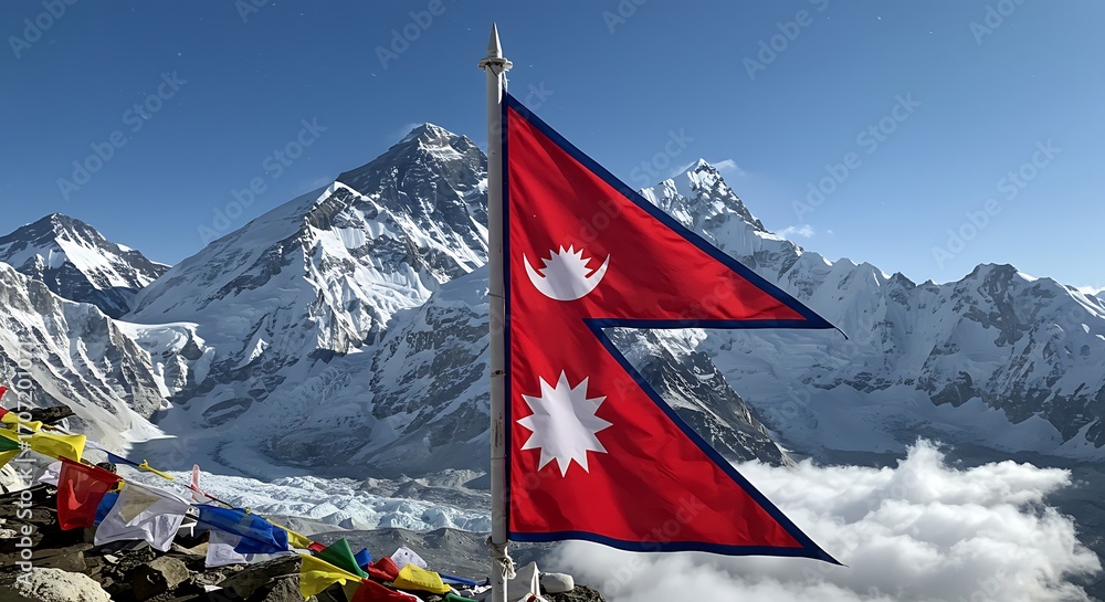Nepalese Flag with Double-Pennon Shape Waving on Mount Everest with ...