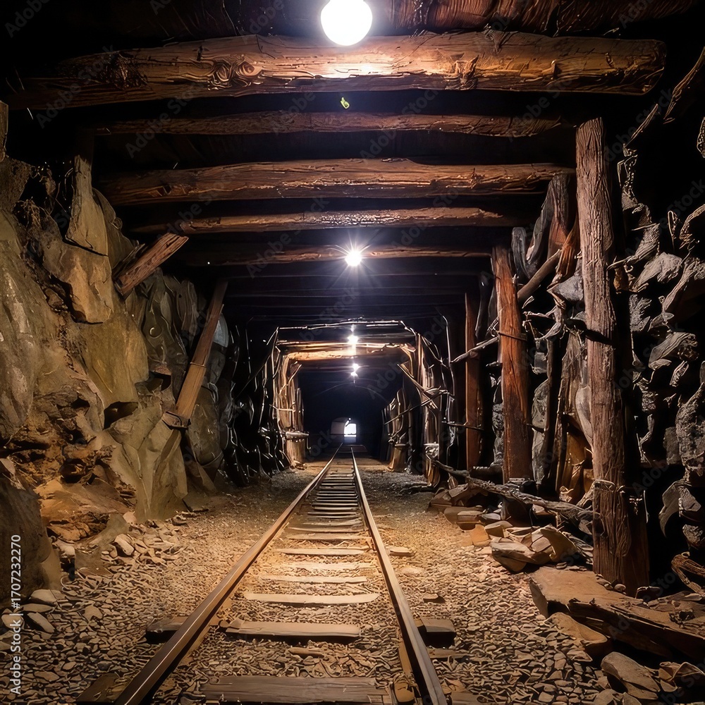 Dark, aged mine tunnel with wooden beams and railway tracks Stock Photo ...