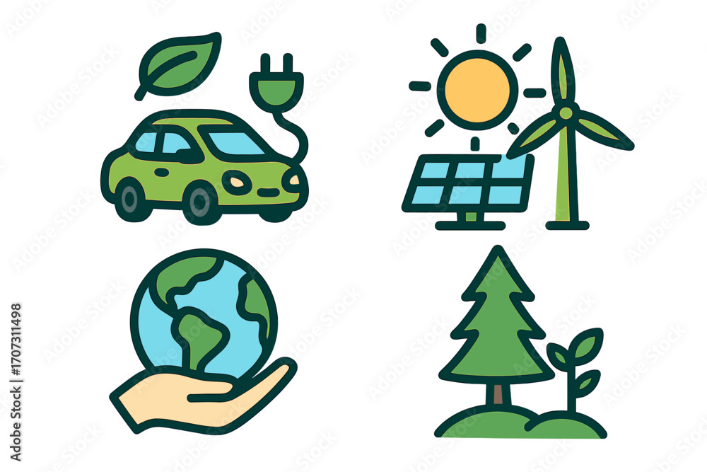 Eco-friendly icons. Green energy, nature conservation vector set ...