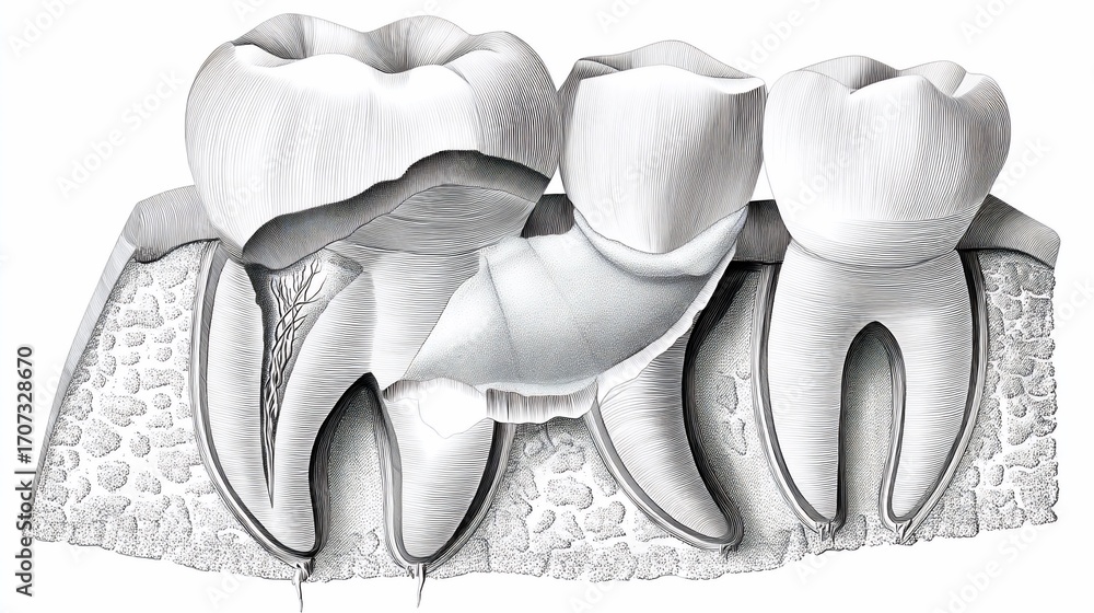Damaged molars, cross-section view, displaying internal tooth and root ...