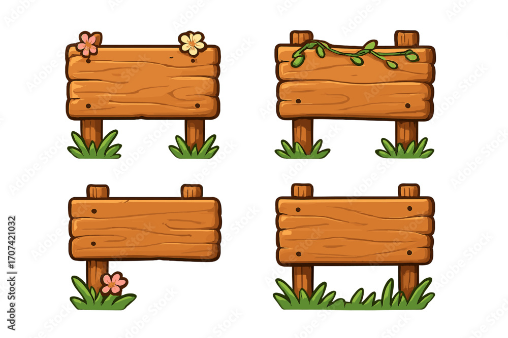 Set of cartoon wooden signboards. Blank rustic wood signs with grass ...