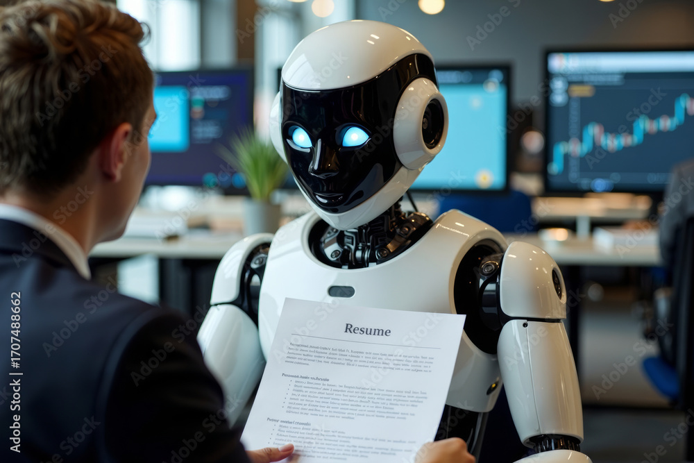 Photo of AI-powered robot reviewing resume during office job interview ...