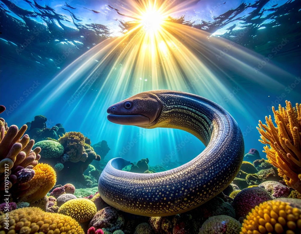 Underwater Paradise A Vibrant Moray Eel Amidst Coral Reefs, Bathed in ...