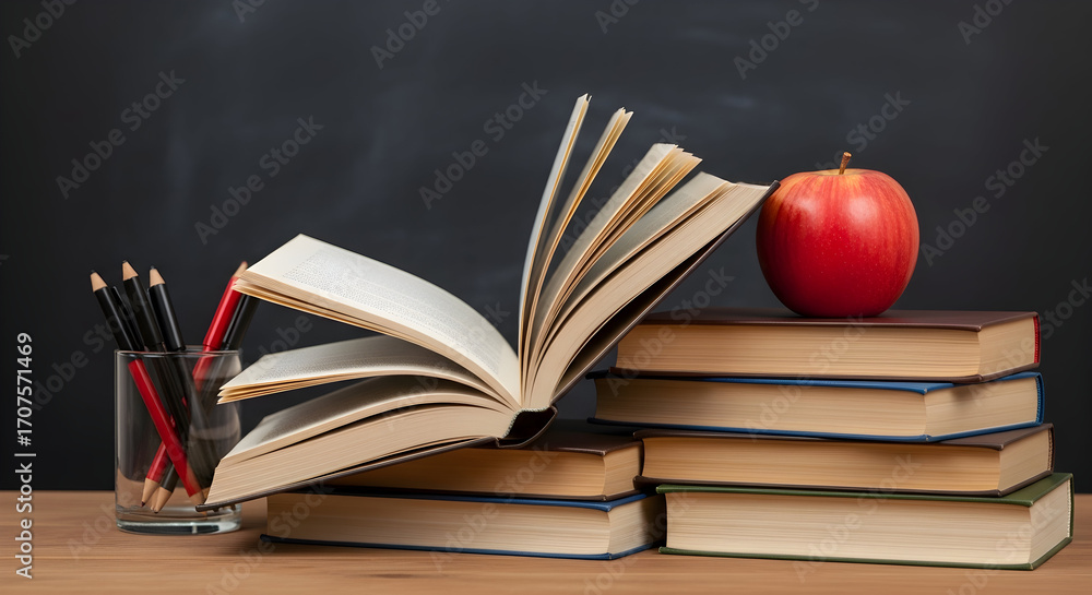 Open book with pages fanning out stacked on old books with an apple and ...