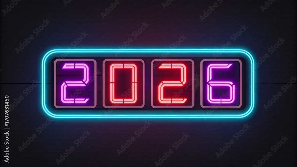 Neon 2026 Display: A futuristic display, presenting the year 2026 in ...