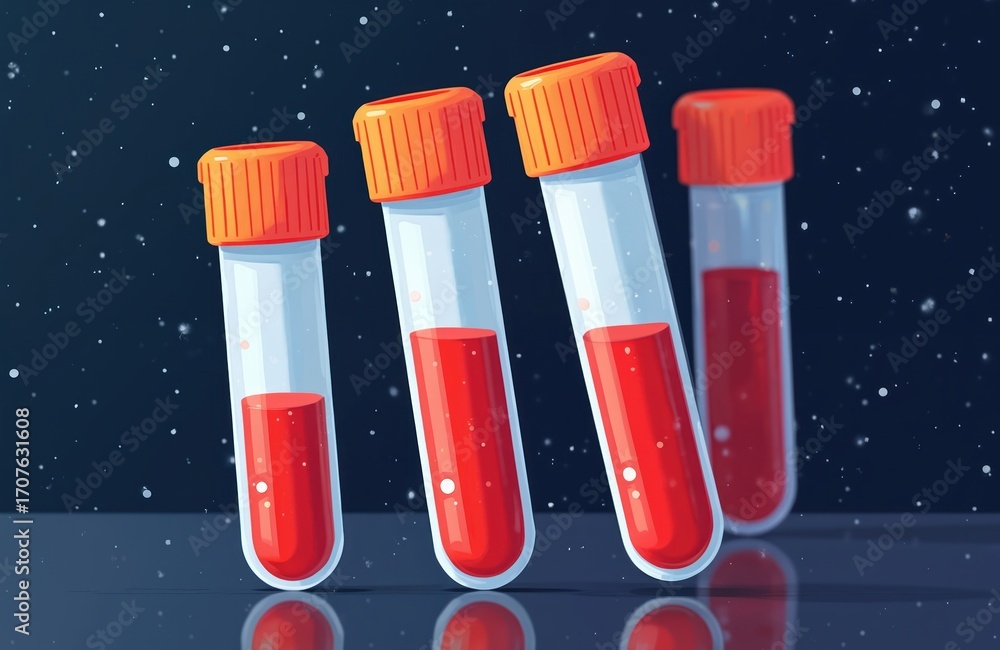 Four blood sample test tubes with orange caps stand on reflective ...