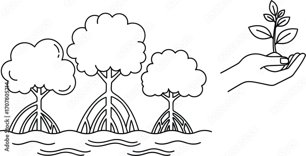 Mangrove forest conservation and reforestation line art vector Stock ...