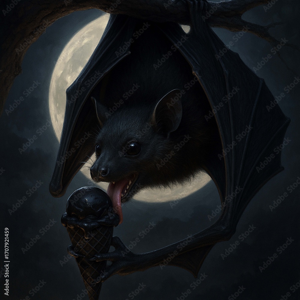 Bat Eating Black Ice Cream under Full Moon Stock Illustration | Adobe Stock