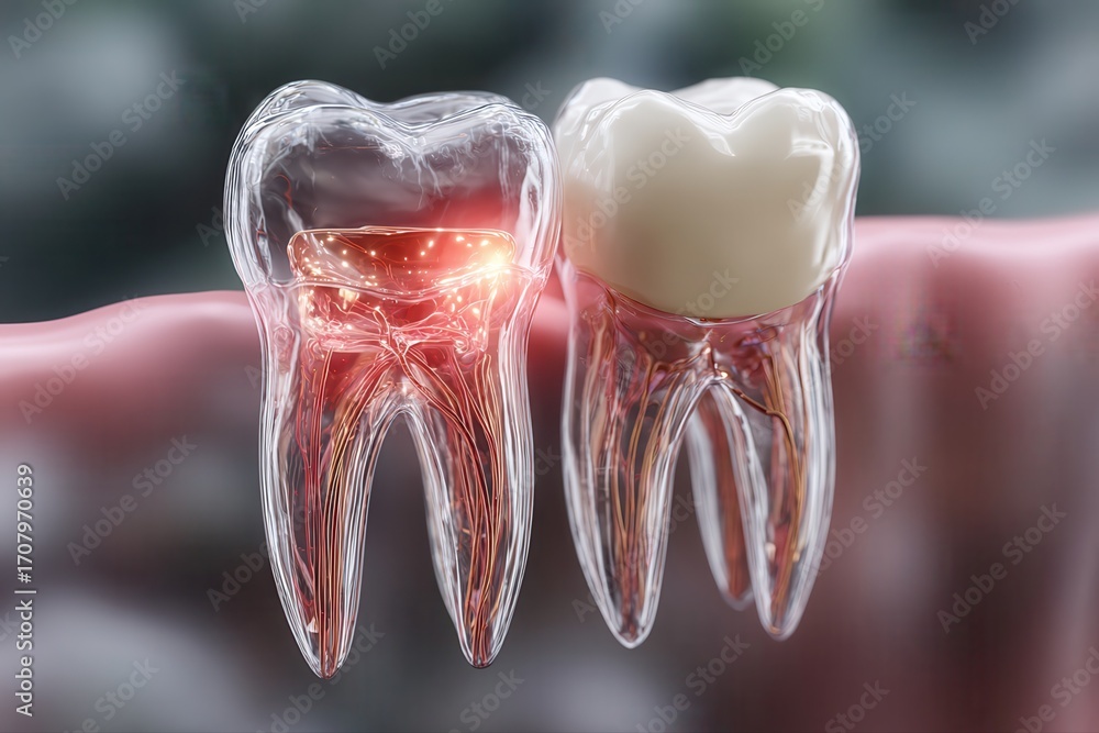 Side‑by‑side transparent molars on gumline; left tooth shows inflamed ...
