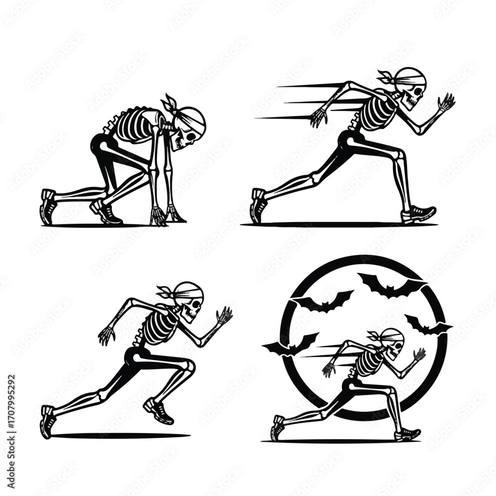 Four illustrations of running skeletons, one starting pose, others ...