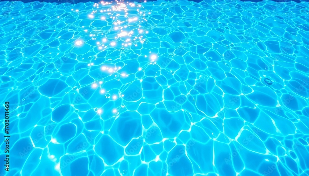 Sparkling blue water in a pristine swimming pool, sun reflecting on ...