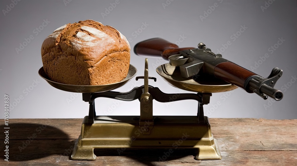 Weighing Bread Against Weapon: A stark still life of a balanced scale ...