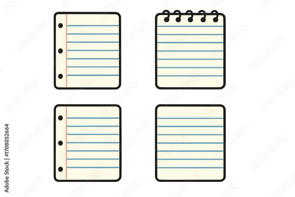 Notebook paper icon set. Lined notepad and binder paper sheets in a ...