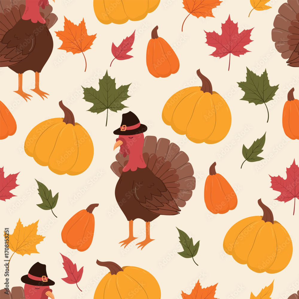 Turkey bird, pumpkin and leaves seamless pattern for Thanksgiving ...
