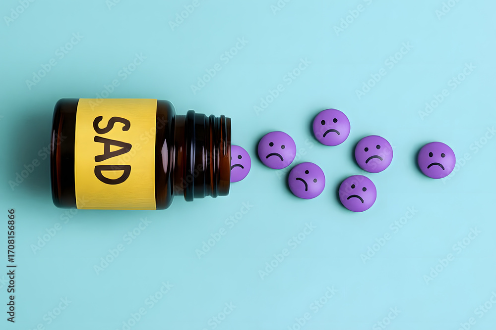Antidepressant Pills Overflowing from a Bottle with Sad Label Mental ...