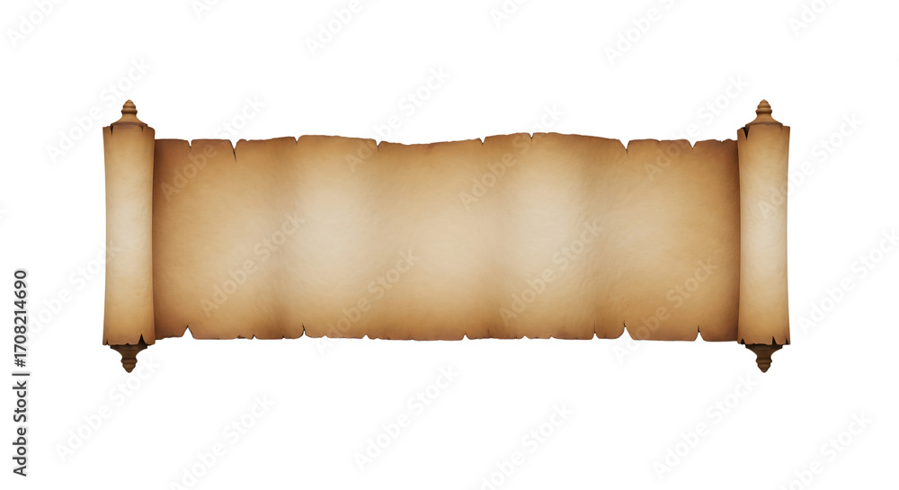 Vintage blank unrolled parchment scroll with tattered edges. Isolated ...