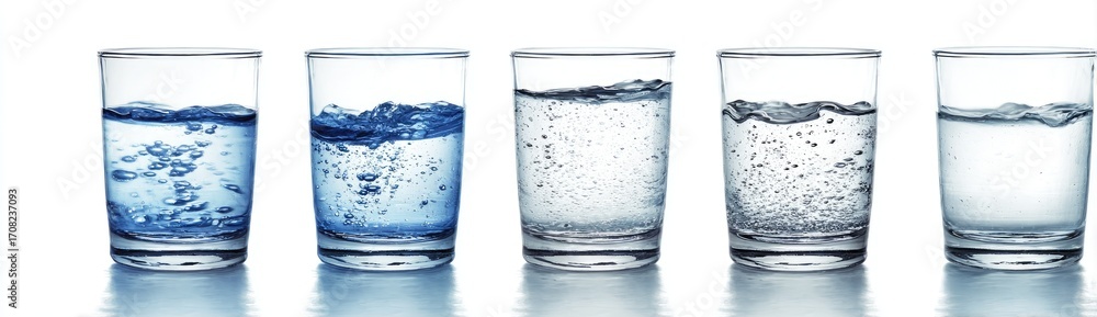 Four glasses of water, gradually transitioning from a deep blue tint to ...