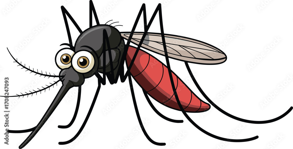 Cartoon mosquito, detailed insect illustration, red abdomen, large eyes ...