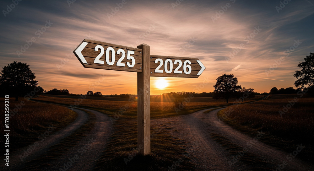 Reflective Road Signpost Pointing to 2025 and 2026 Against a Dusk Sky ...