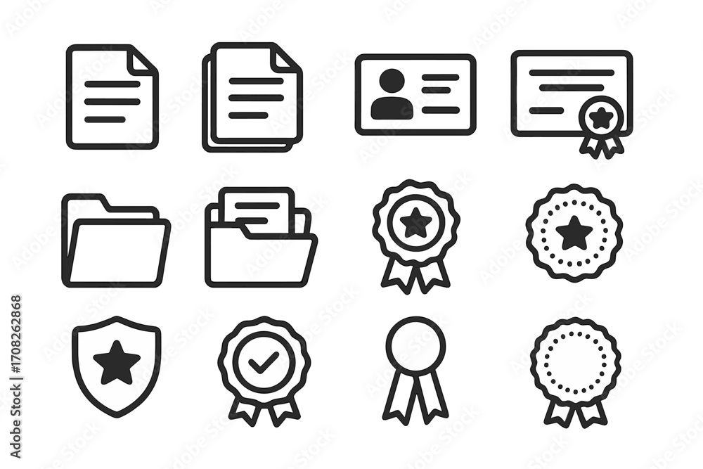 Documents and certificates vector line icon set. Includes award ...
