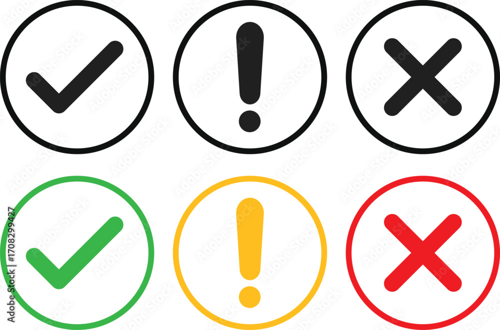 check mark, exclamation point, x or cross mark icon set. Approve ...