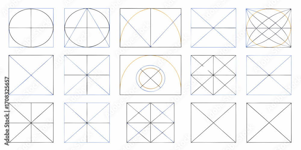 Collection of geometric construction diagrams and design elements for ...