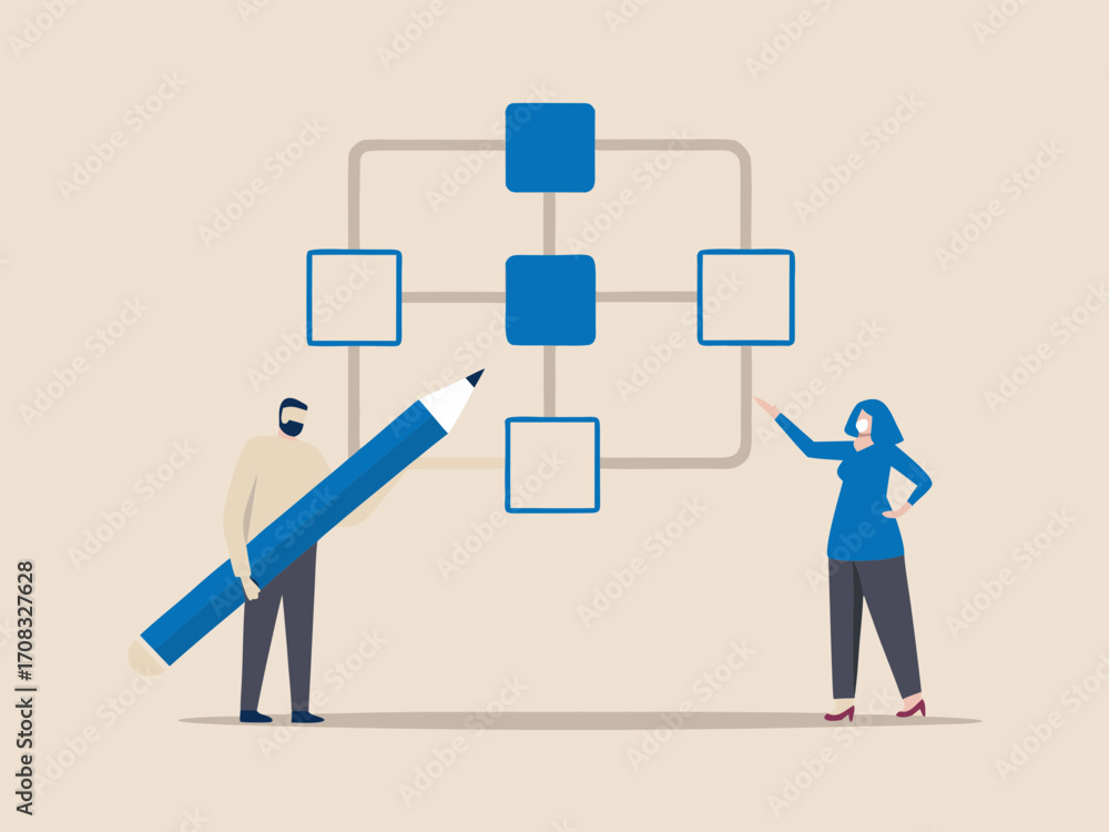 Two people collaborating to build a flowchart or organizational chart ...