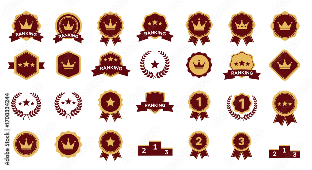 Collection of maroon and gold award badge icons with crowns, stars ...