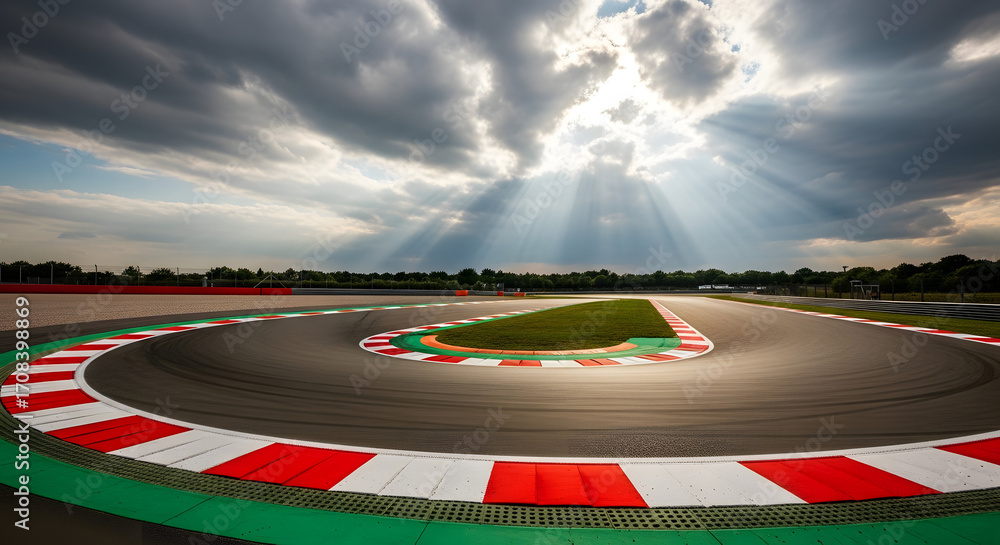 Empty winding race track curve under dramatic cloudy sky with powerful ...