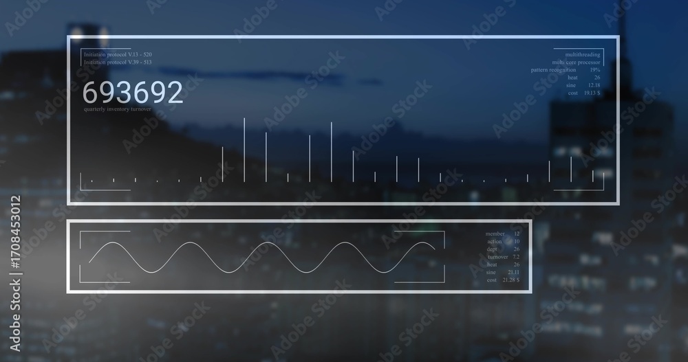 Showing translucent UI panels with turnover metrics, bar chart and ...