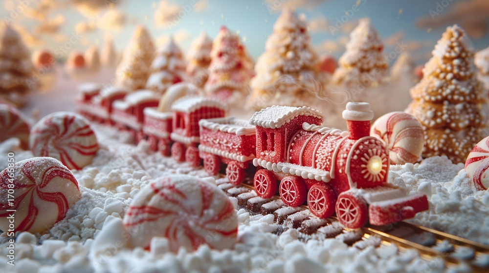 Whimsical candy train made of red and white sweets traveling through a ...