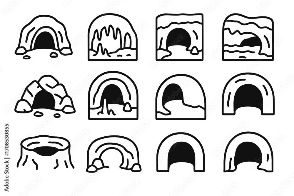 Cave Icons Collection. Line style icons of cave types and structures ...