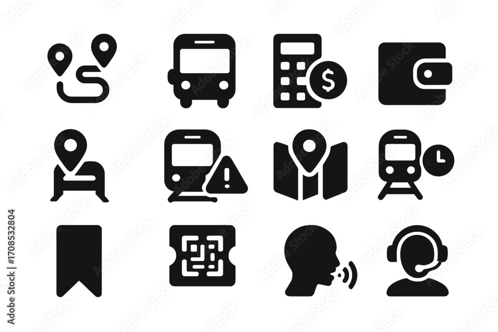 Transport App Icons. Solid style icons of public transport apps: route ...