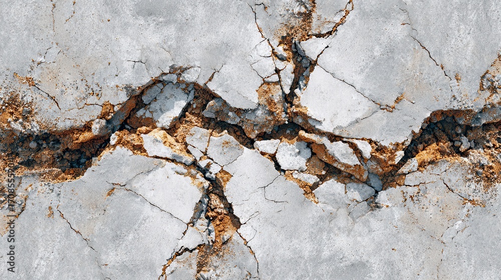 Cracked concrete surface with deep fissure and exposed ground texture ...