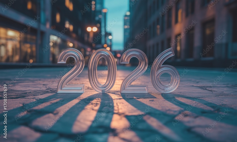 Transparent numbers "2026" on city street at dusk Stock Photo | Adobe Stock