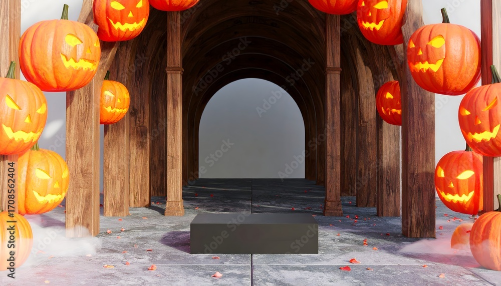 Floating jack‑o’-lanterns framing a wooden archway corridor with a ...